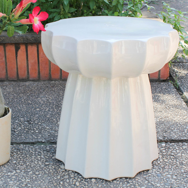 Round Scalloped Ceramic Garden Stool, Antique White - Contemporary ...