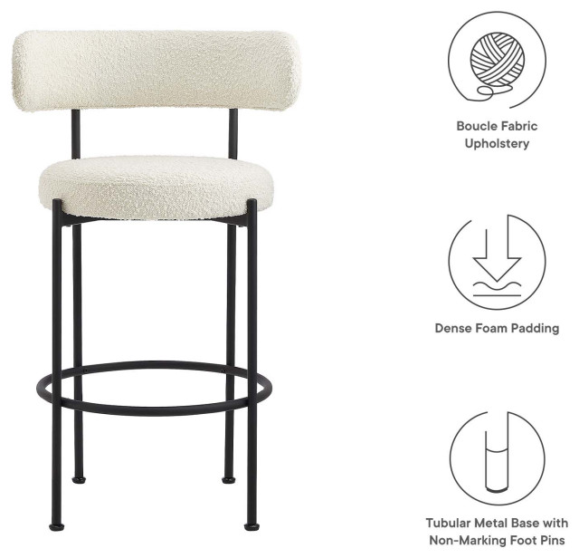 Albie Boucle Fabric Bar Stools - Set of 2 - Ivory Black - Transitional ...