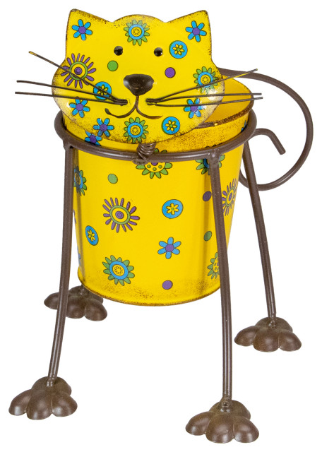 9" Yellow Floral Metal Cat Garden Planter - Contemporary - Outdoor Pots ...