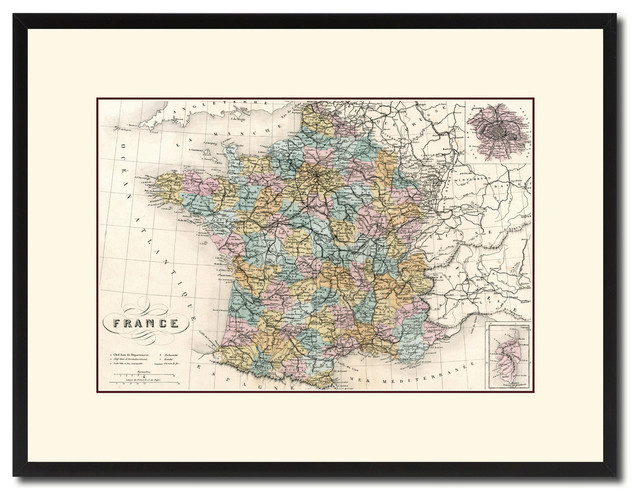 France, Paris Vintage Map Print On Canvas With Picture Frame, 16" x 21 ...