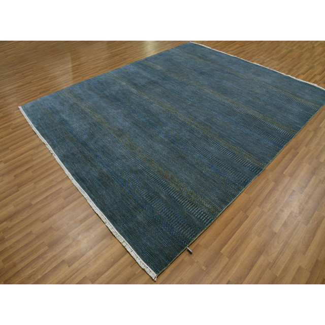 Prussian Blue Modern Grass Design Soft Dyed Wool Hand Knotted Rug, 8'x9 ...