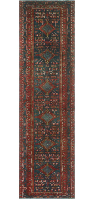 Fine Vintage Distressed Clarissa Navy/Red Runner, 3'7x13'5, 3'7x13'5 ...