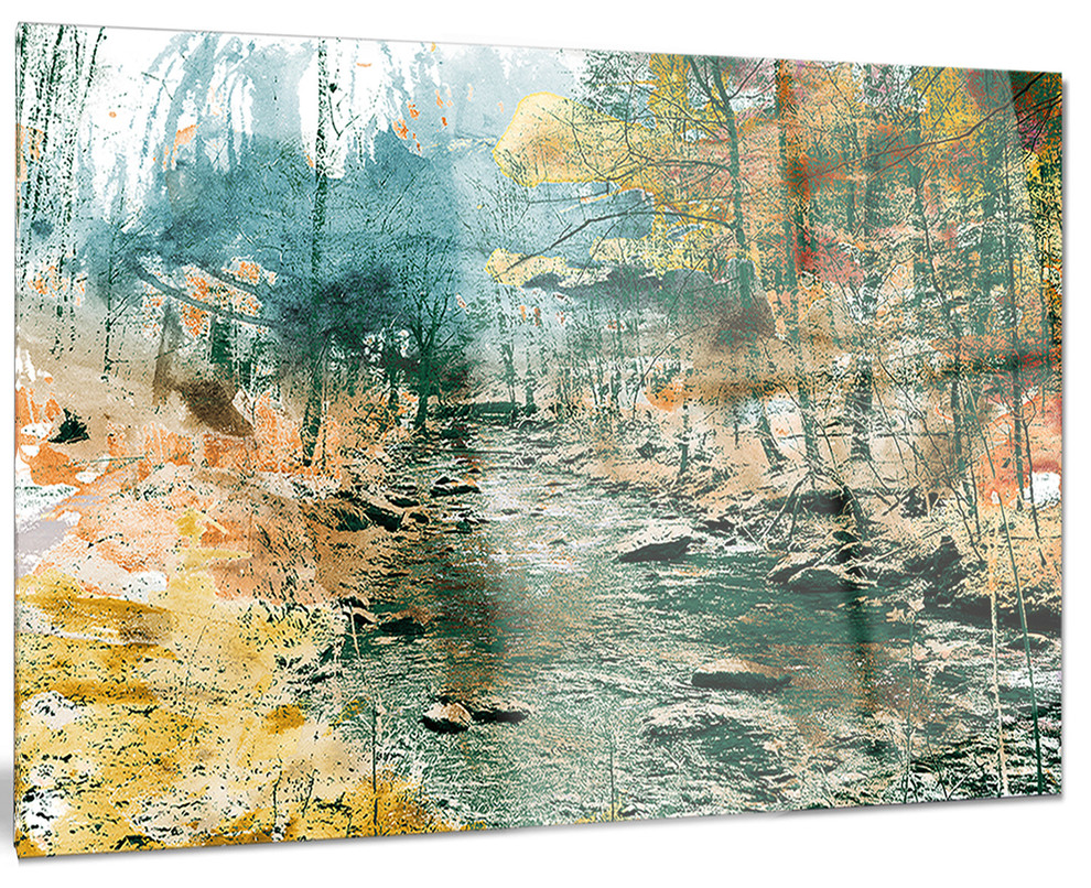 "Rocky River" Landscape Painting Glossy Metal Wall Art - Contemporary ...