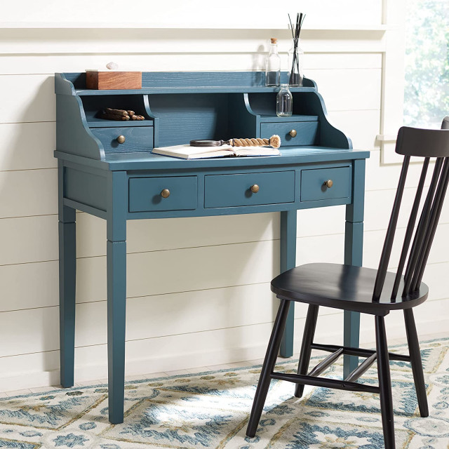 Traditional Writing Desk, Pine Wood Construction With 5 Drawers ...