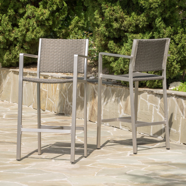 GDF Studio Capral Outdoor Gray Wicker Bar Stools, Set of 2 - Tropical ...