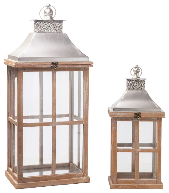 Rectangle Wood Lantern with Silver Metal Top, Natural Brown Finish ...