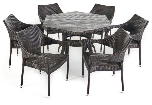 GDF Studio 7-Piece Rosy Outdoor Wicker Hexagon Dining Set With Stacking ...