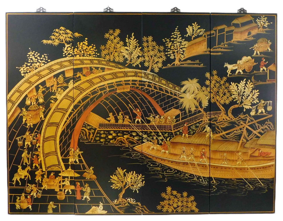 48" Hand-Painted River Town Oriental Wall Panel - Asian - Wall Accents ...