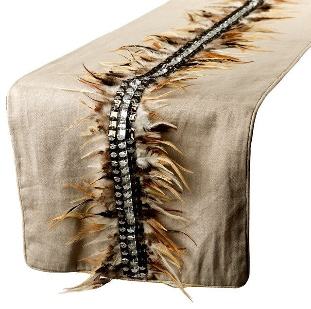 Beige Table Runner Linen Fabric with Feathers & Crystal -Feather Dream ...