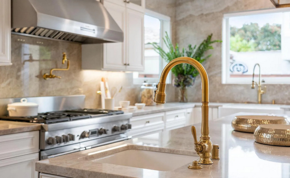 Omega kitchen Anson white painted door Stainless Steel appliances gold ...