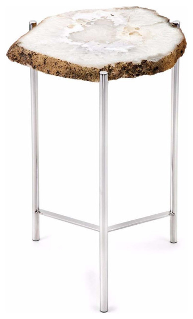 Benzara Steel Framed Table with Agate Stone Top, White and Brown ...