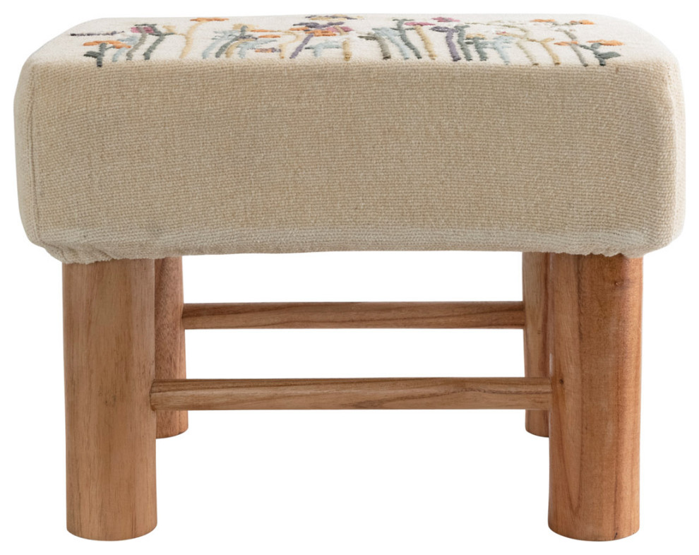 Cotton Upholstered Stool With Floral Embroidery and Pine Wood Legs ...