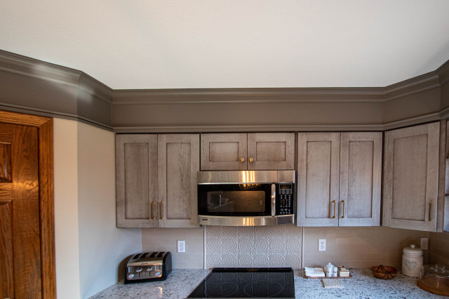 2 Tone Gray Kitchen with Quartz Countertop and Crackle Tile Backsplash ...