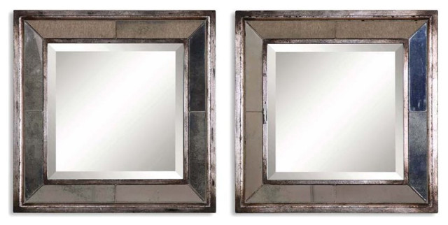 Bowery Hill Modern Squares Mirror in Distressed Silver (Set of 2) - Farmhouse - Wall Mirrors ...