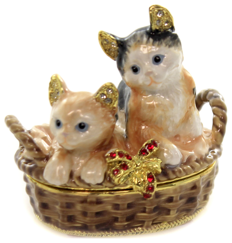 Hinged Trinket Box KITTENS IN BASKET ENAMELED BOX Metal Austrian ...