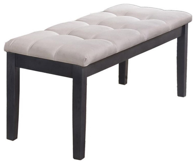 Light Gray Linen Fabric Dining Bench with Tufted Seat and Gray Wood ...