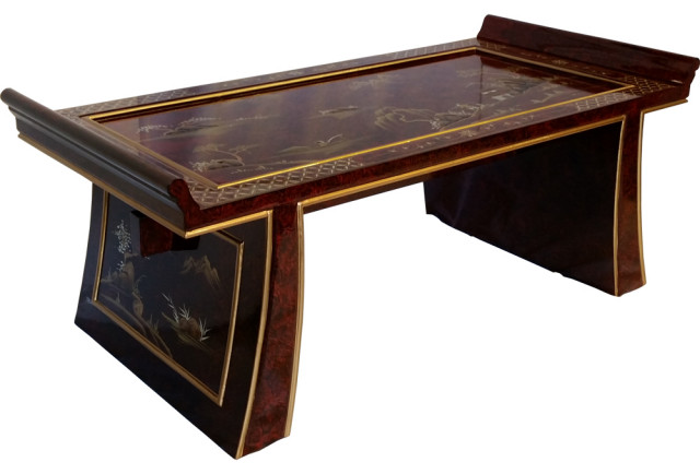 42" Oriental Shinto Coffee Table With Gold Landscape and Glass Top ...