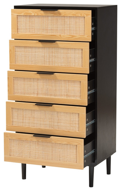 Mid-Century Modern Espresso Brown Wood and Rattan 5-Drawer Storage ...