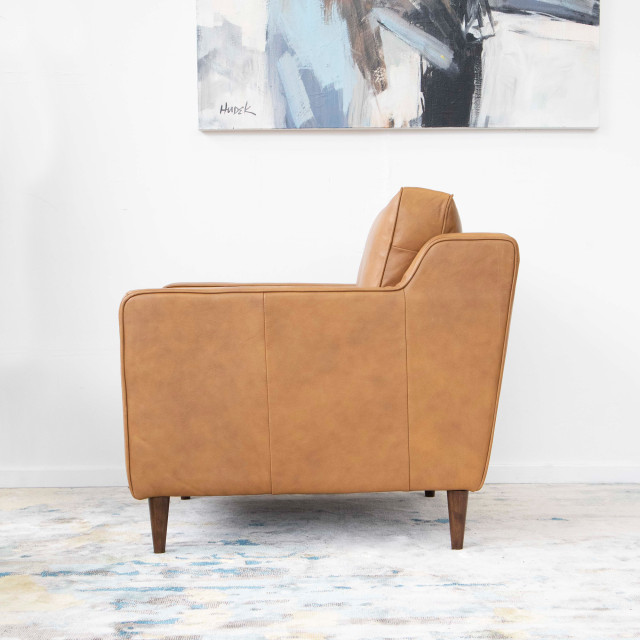 Manhattan Mid-Century Modern Cushion Back Genuine Leather Armchair, Tan ...