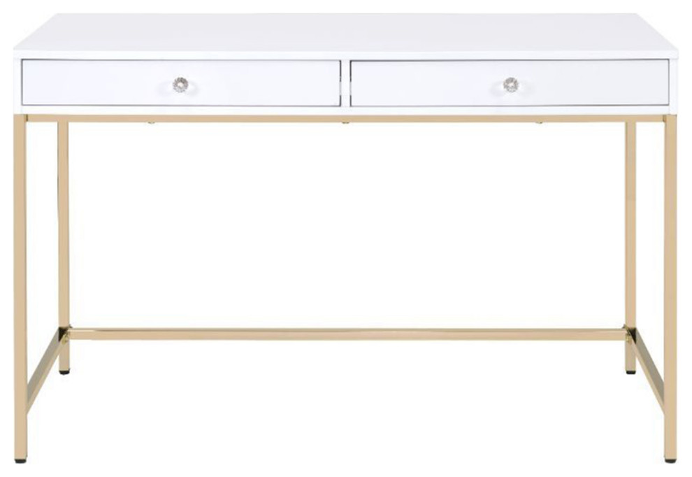 2 Drawers Writing Desk, White High Gloss and Gold - Contemporary ...