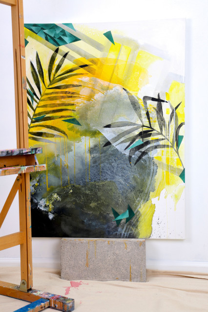 Yellow Abstract landscape painting, plam leaf art, Tropical acrylic ...