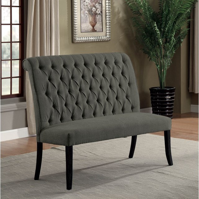 Transitional Gray Tufted Dining Bench with Scrolled Back and Black Legs ...