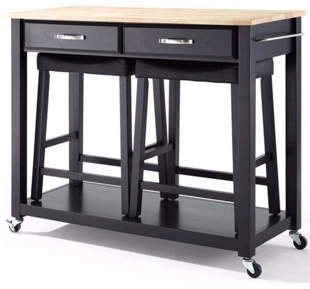 Pemberly Row Natural Wood Top Kitchen Cart with Saddle Stools in Black ...