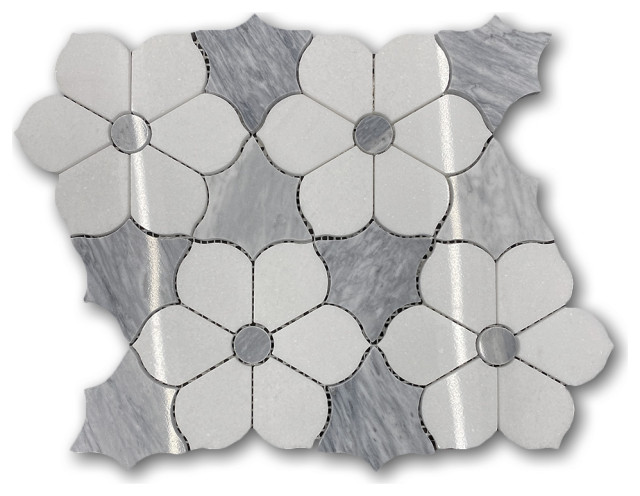 Thassos & Gray Marble Waterjet Magnolia Flower Accent Tile Polished, 1 ...