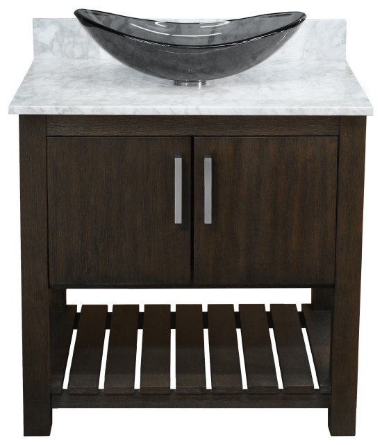 30" Vanity with Carrara White Marble Counter, Drain, Mounting Ring and ...