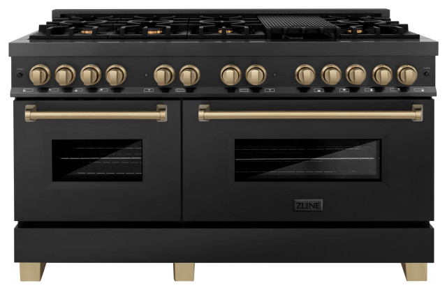 ZLINE 60" Dual Fuel Range, Black Stainless With Champagne Bronze RABZ ...