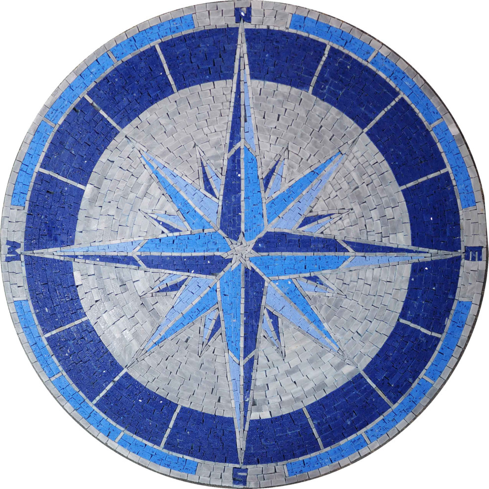 Mosaic Artwork - Blue Shades Compass, 72" x 72" - Beach Style - Tile ...