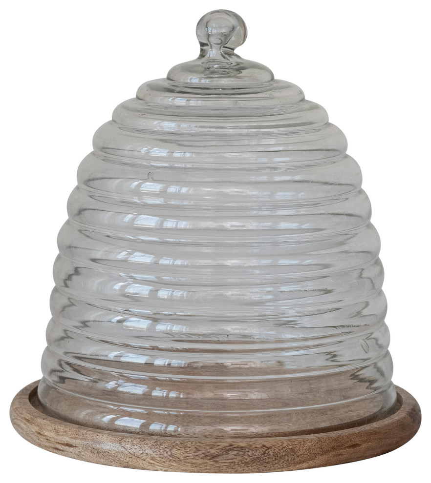 Reclaimed Etched Glass Beehive Shaped Cloche With Mango Wood Base ...