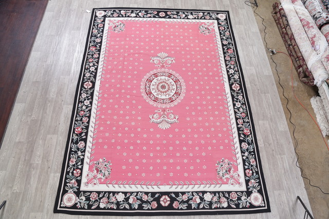 Nature/Floral Transitional Aubusson Flat-Woven Oriental Rug, Pink, 12'0 ...