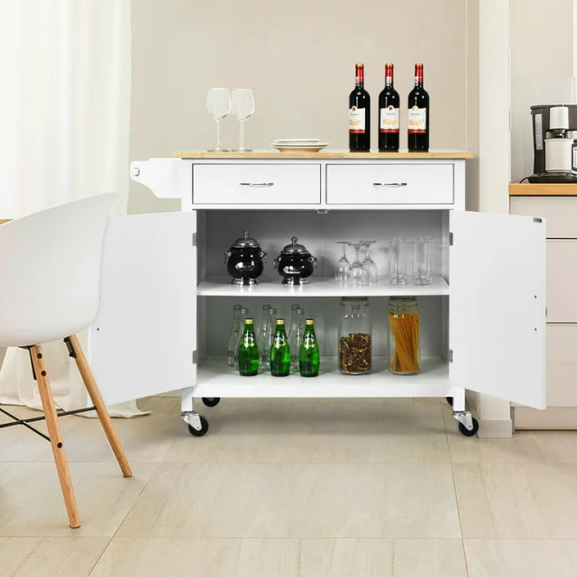 Modern Kitchen Cart, Rubberwood Frame With Cabinet & 2 Drawers, White ...