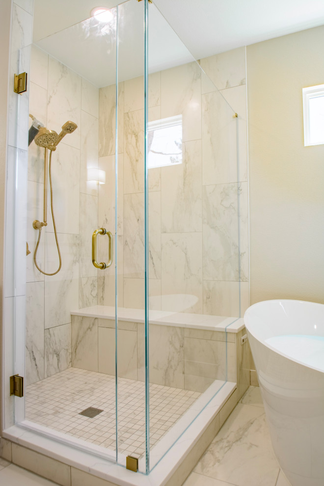 Walk-in Shower in Faux Marble Tile - Transitional - Bathroom - Denver ...