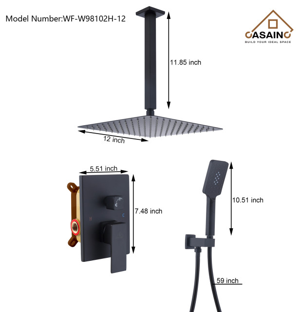 CASAINC 12" Ceiling Mounted Modern Waterfall Shower System Set ...