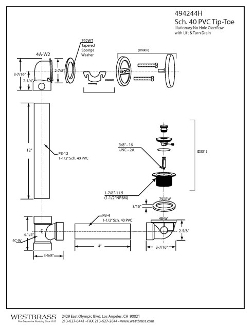 Illusionary Overflow 12" & 4" Sch. 40 PVC Bath Waste and Overflow Lift ...
