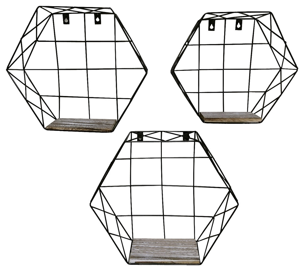 Hexagon Wall-Mounted Hanging Shelves, 3-Piece Set, Black - Industrial ...