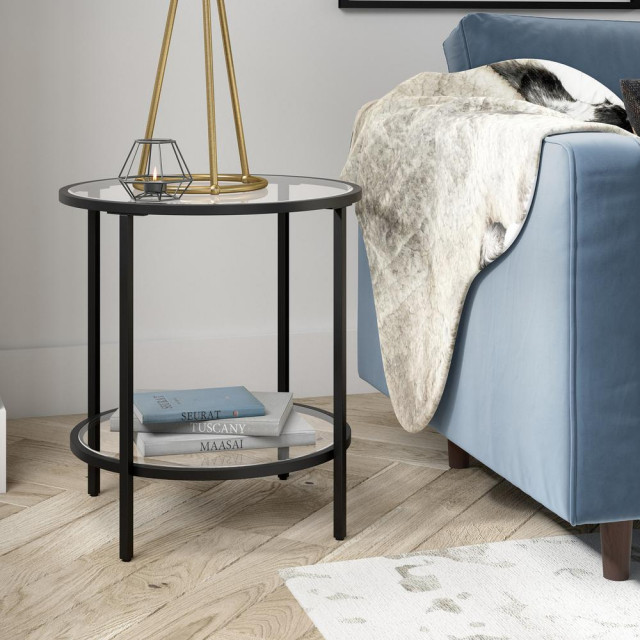 Sivil 20'' Wide Round Side Table with Glass Shelf in Blackened Bronze ...