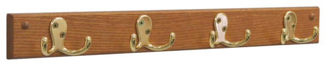 Wooden Mallet 3 Hook Wall Coat Rack Rail in Medium Oak and Brass, 4 ...