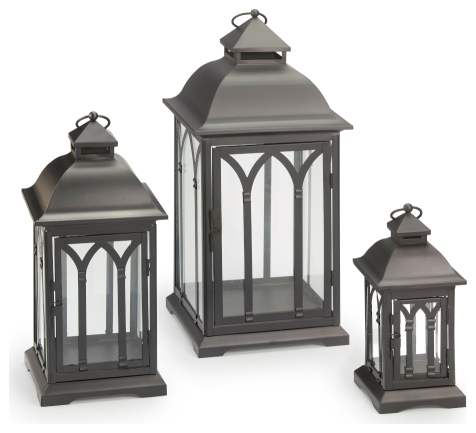 Set of 3 Indoor/Outdoor Metal & Temepered Glass Lanterns- Black ...