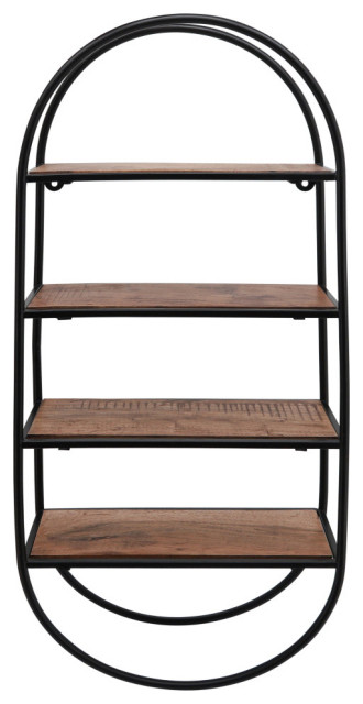 Metal/Wood, 36" Oval 4-Tier Wall Shelf, Brown - Industrial - Display ...