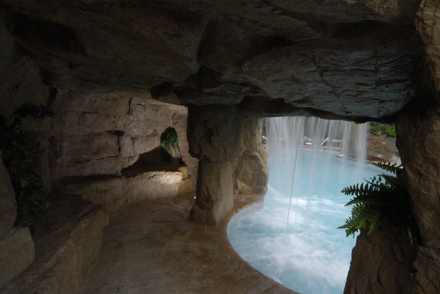 Cave-Grotto-Enclosed Slide with Waterfalls - Tropical - Pool - New York ...