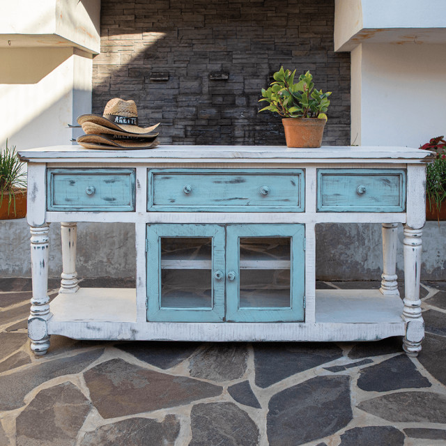 70" Blue and White Solid Wood Open shelving Distressed TV Stand ...