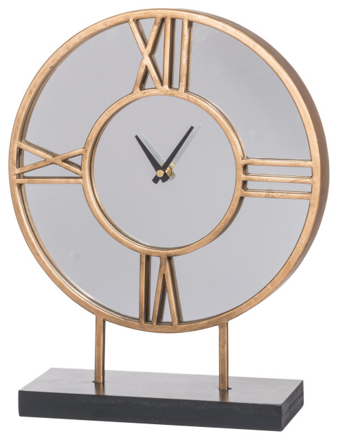 Benzara BM286371 15" Table Clock, Round Mirrored Frame, Gold Metal ...