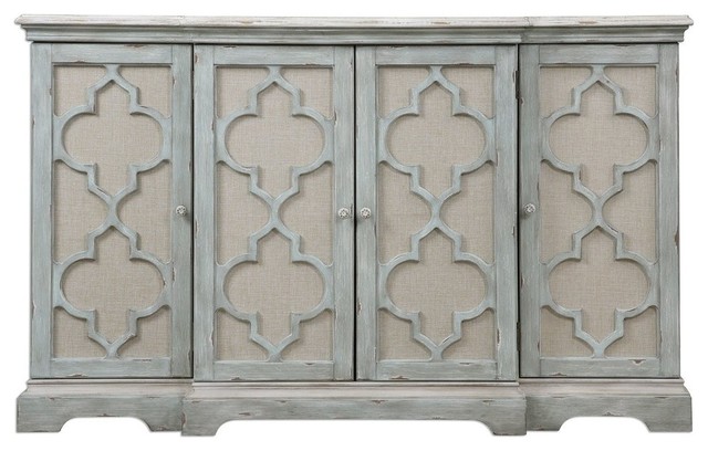Ivory Gray Quatrefoil 4-Door Cabinet, Entertainment TV Center ...