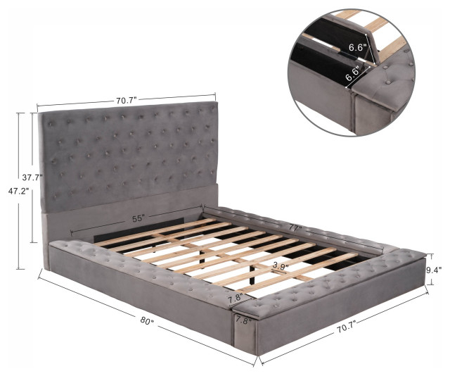 Modern Platform Bed, Velvet Upholstery and Storage Compartments, Full ...