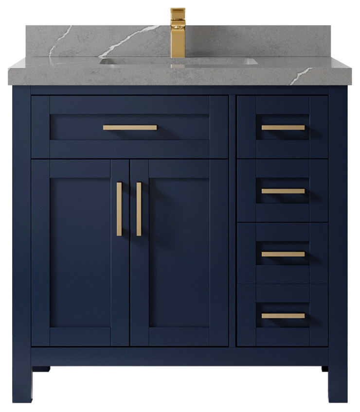Cambridge 36 Center Sink Bath Vanity in Hale Navy Blue 2" Piatra Gray ...