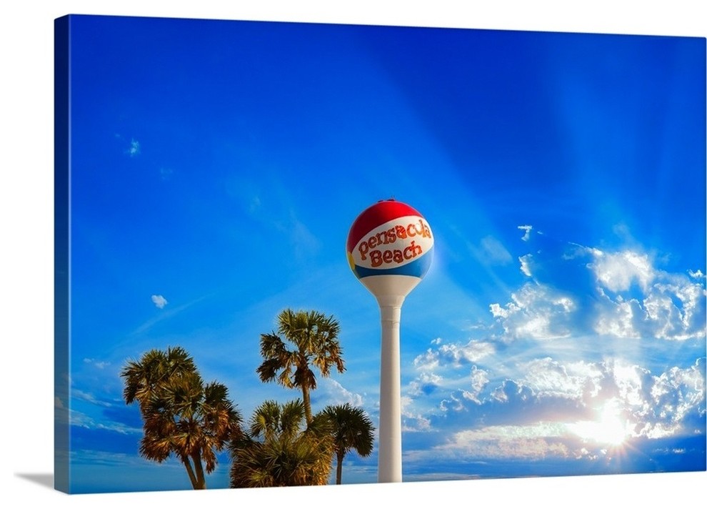 Pensacola Beach Ball Water Tower And Palm Trees Wrapped Canvas Art ...