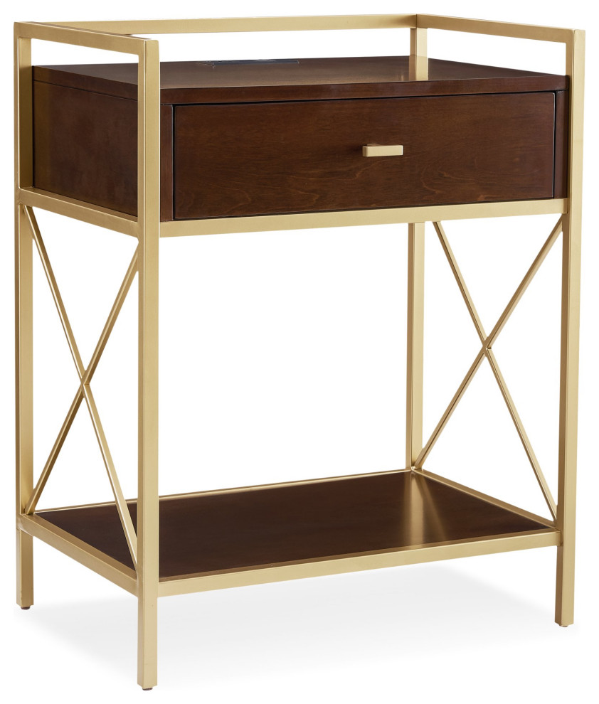 Elegant End Table, Golden Metal Frame With X-Sides & Charging Station ...